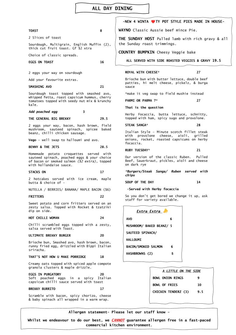 Menu at Gaffney St General cafe, Pascoe Vale