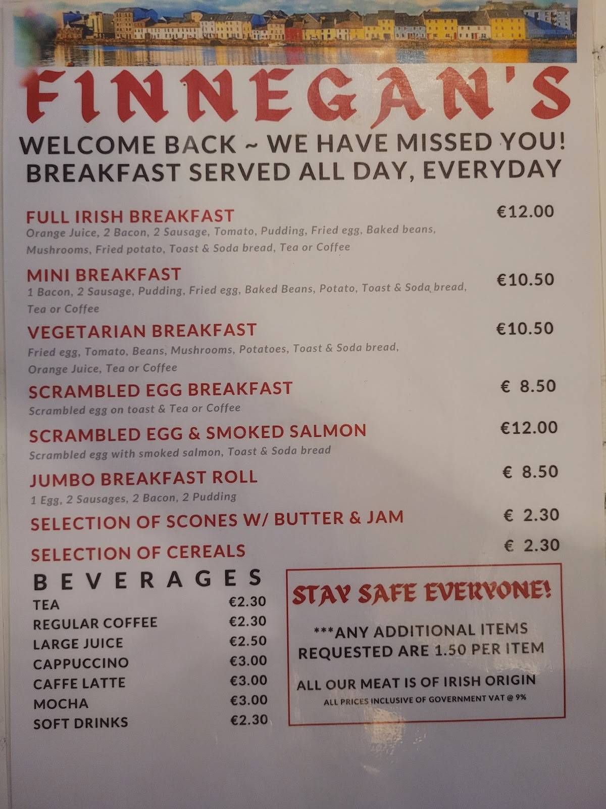 Menu at Finnegans restaurant, Galway