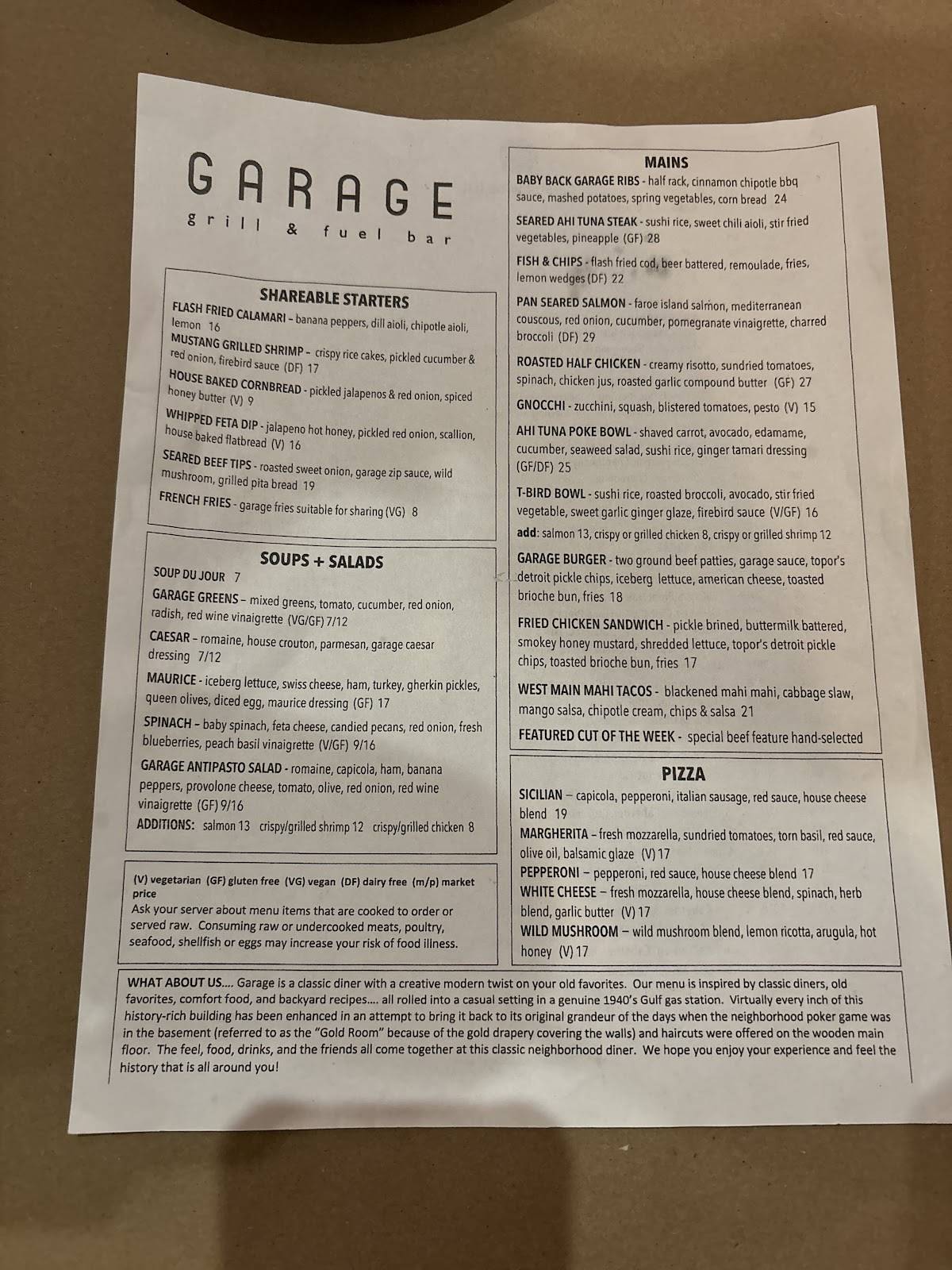 Menu at Garage Grill and Fuel Bar, Northville