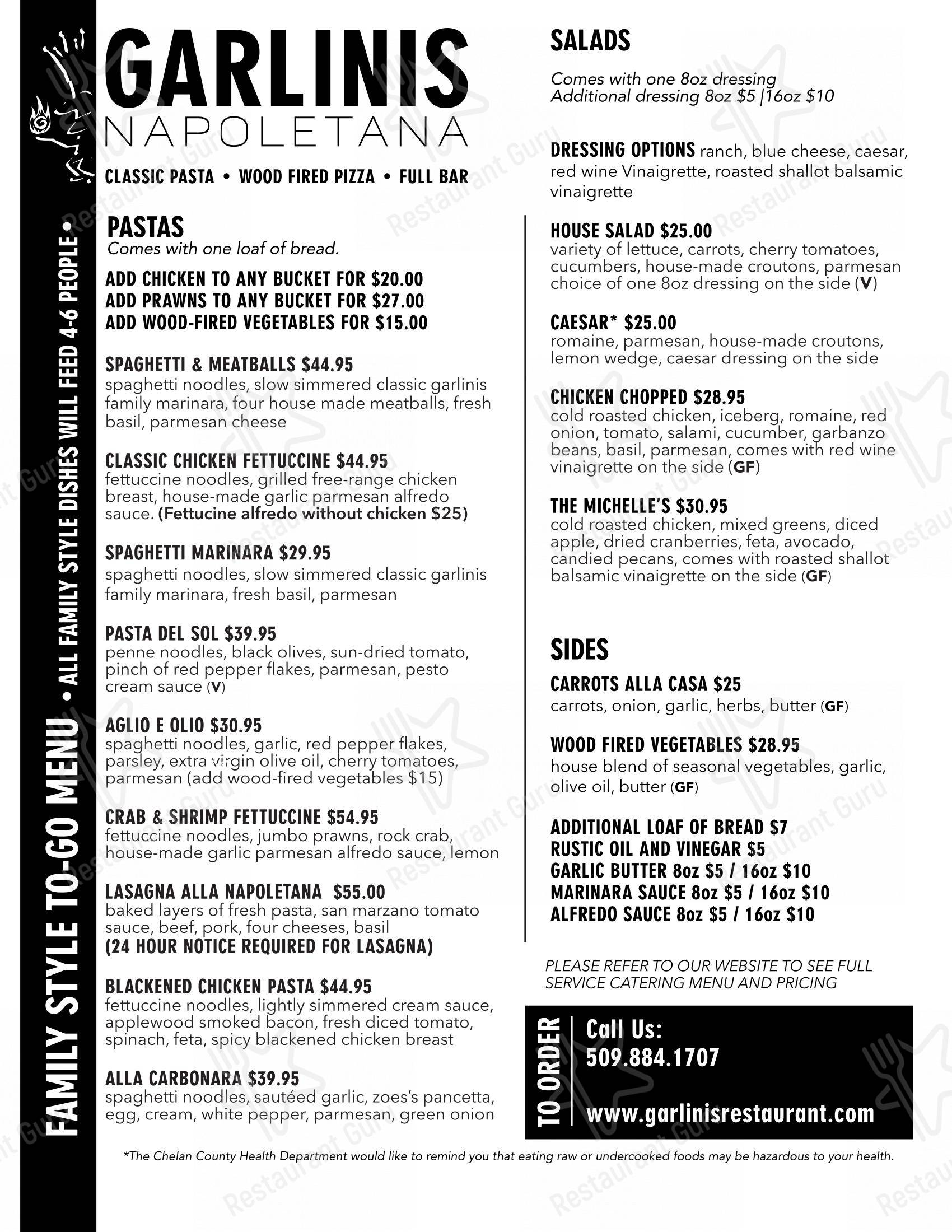 Menu at Garlini's Napoletana pub & bar, Wenatchee