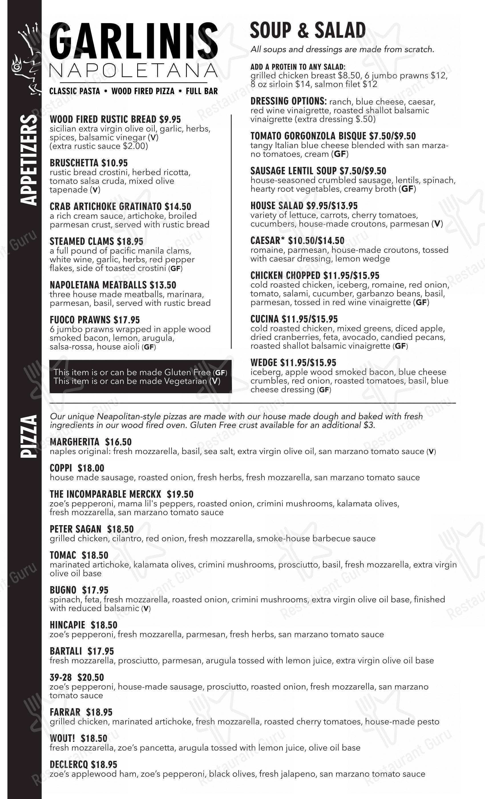 Menu at Garlini's Napoletana pub & bar, Wenatchee