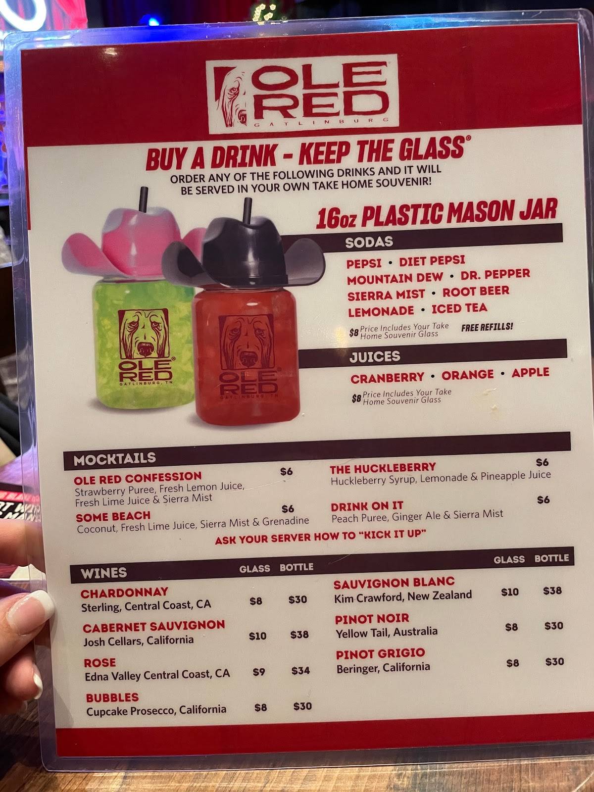 Menu at Ole Red pub & bar, Gatlinburg