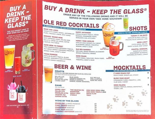 Menu at Ole Red pub & bar, Gatlinburg