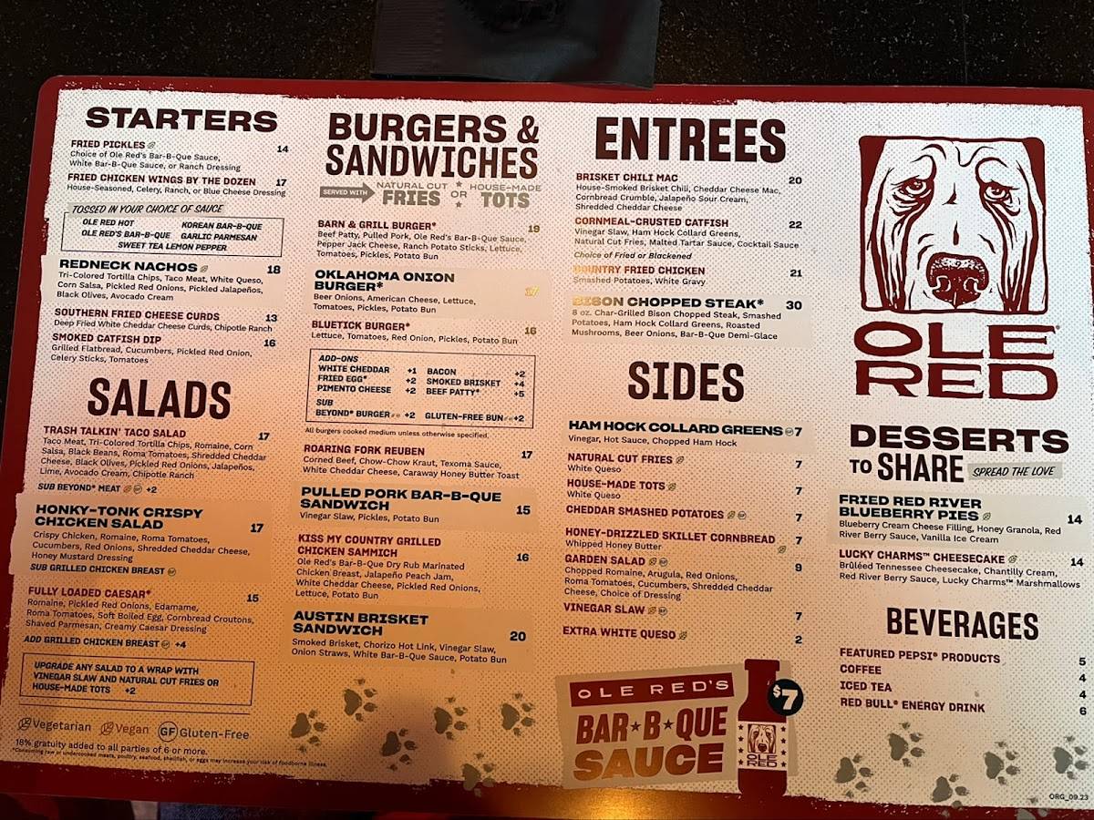 Menu at Ole Red pub & bar, Gatlinburg