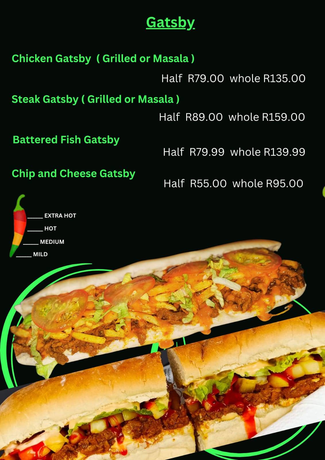 Menu at Gatsby Deli restaurant, KwaDukuza