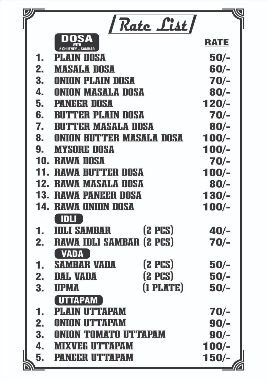 Menu at Gayathri South Indian dosa corner, New Delhi