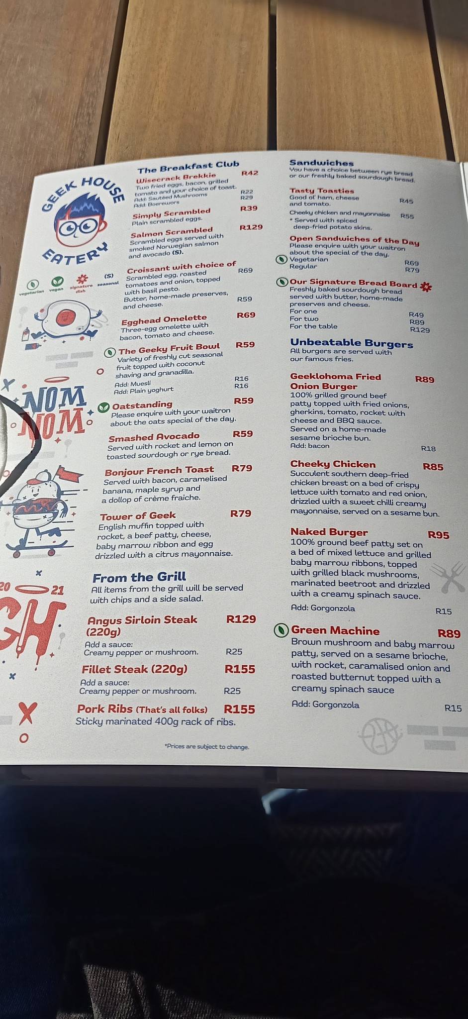 Menu au Geek House Eatery restaurant, Pretoria