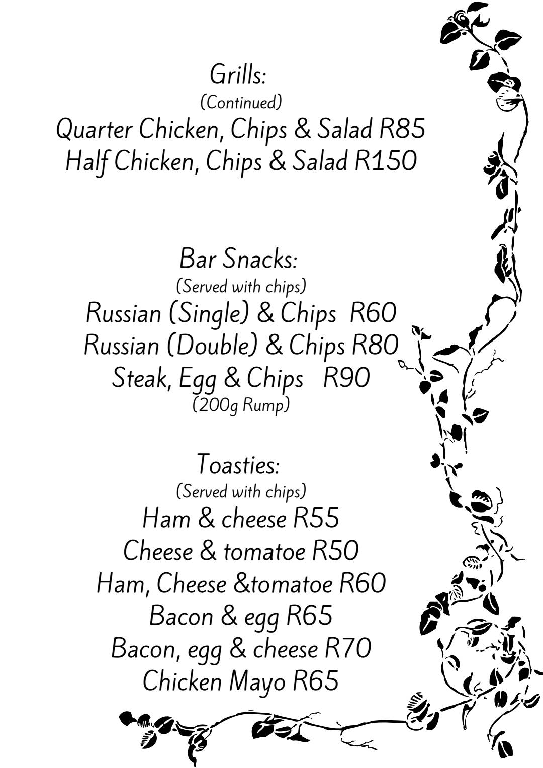 Speisekarte von Gem of the Bushveld restaurant, Hartbeespoort, 29B ...