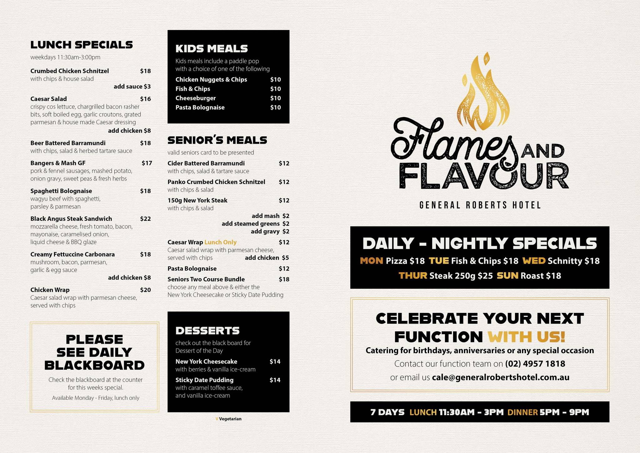 Menu at General Roberts Hotel pub & bar, New Lambton