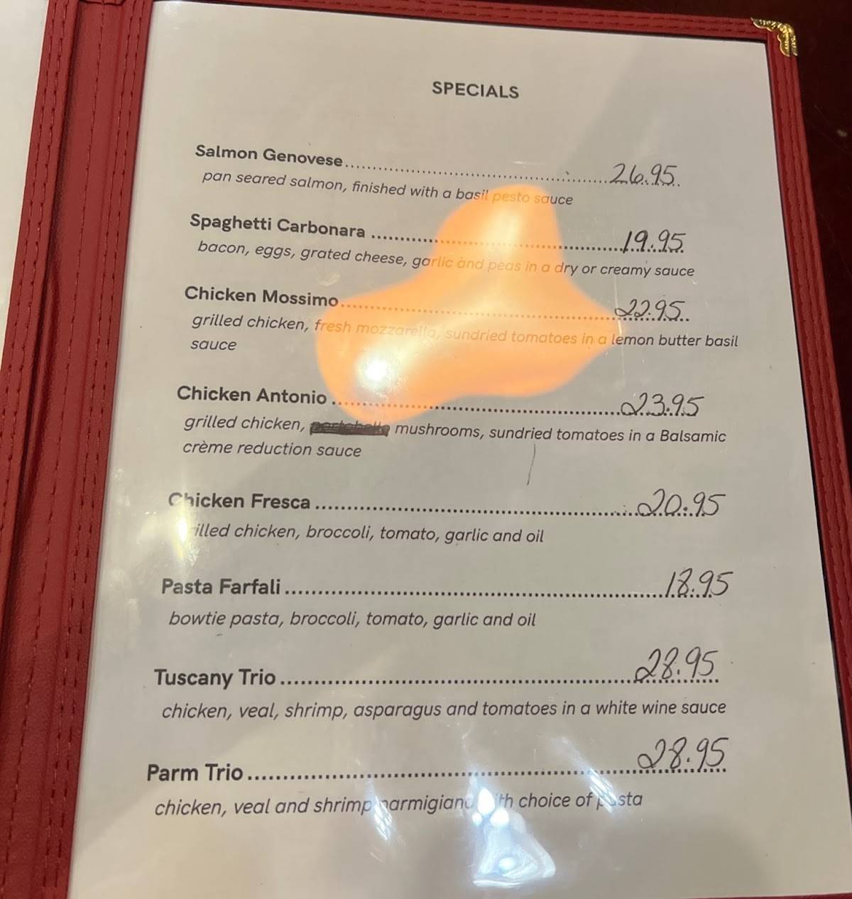 Menu at GianMarco's restaurant, Millstone