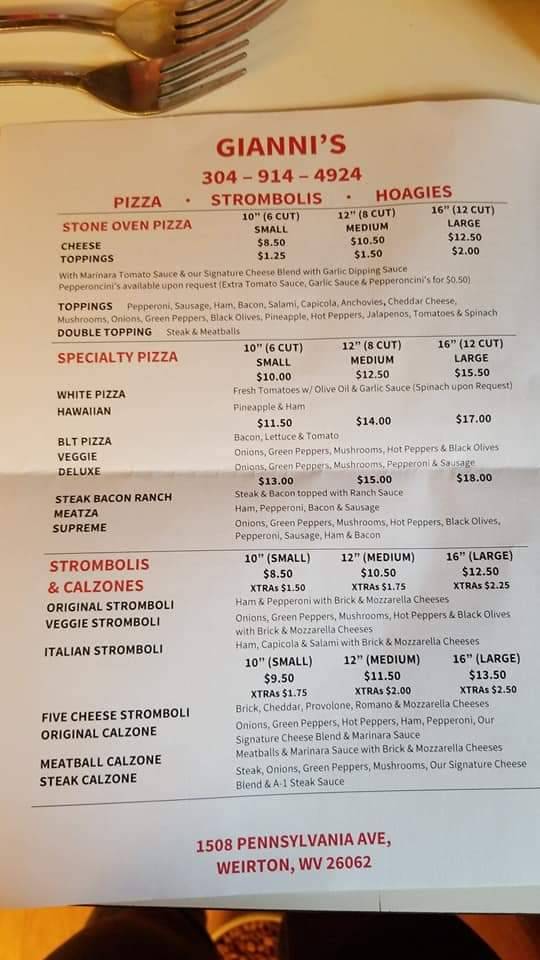 Menu at Gianni's Weirton restaurant, Weirton