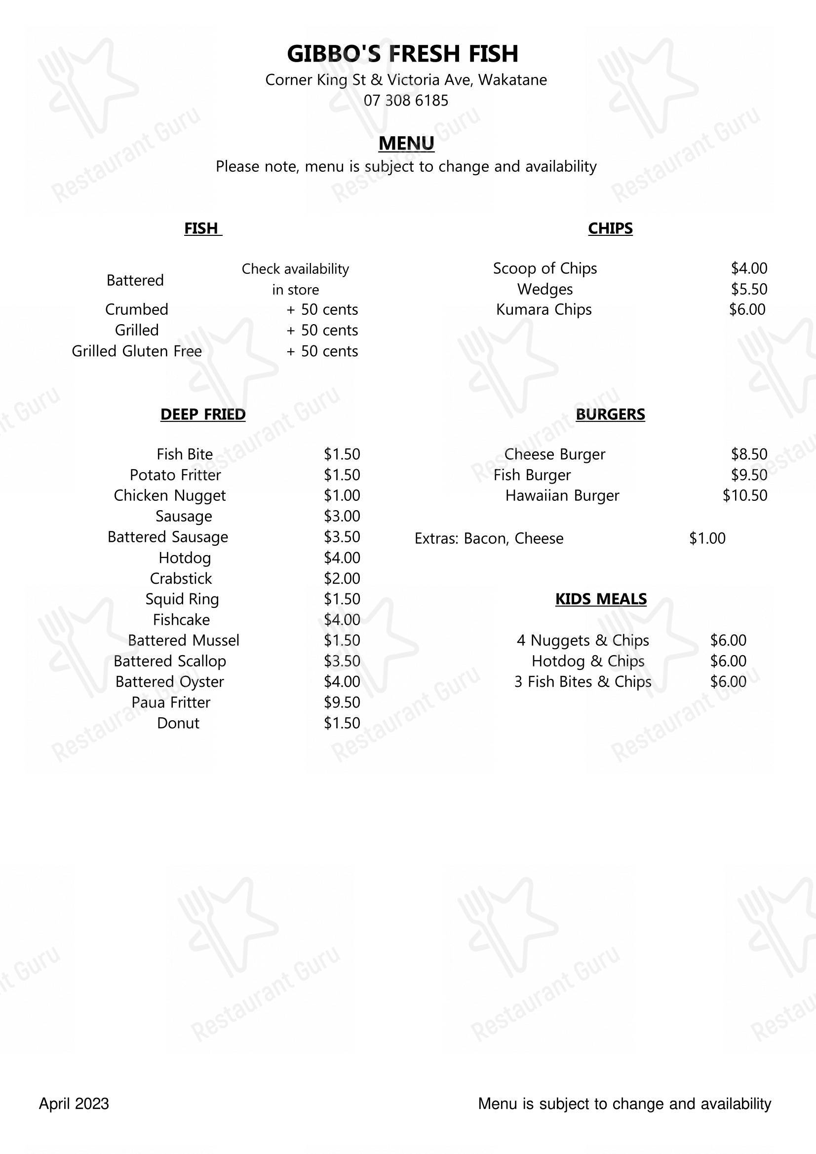 Menu at Gibbo's Fresh Fish restaurant, Whakatane