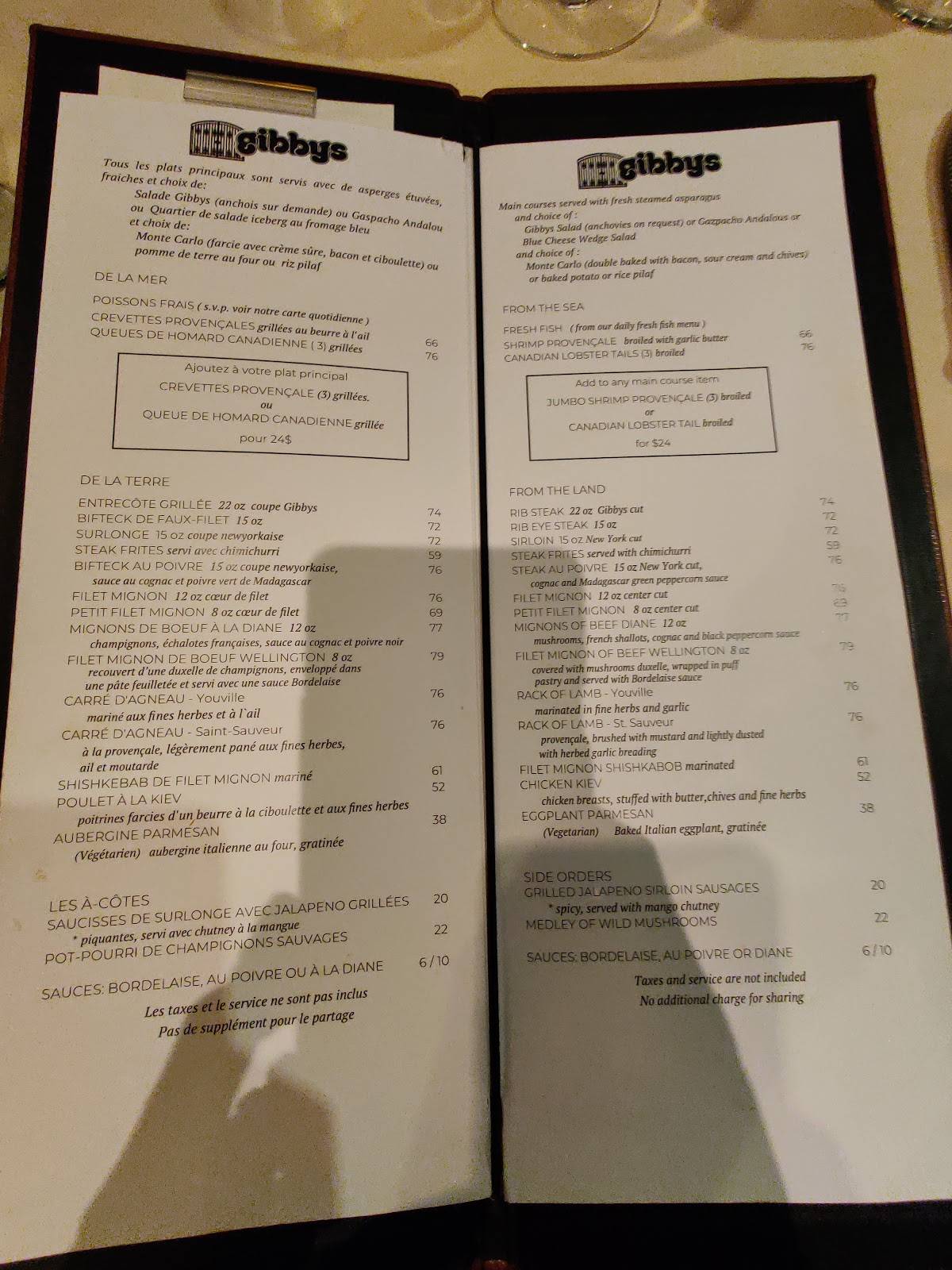 Menu au Gibbys restaurant à viande, Montréal