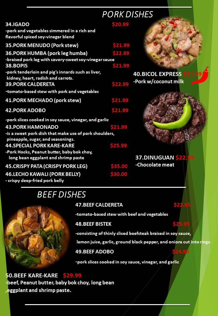 Menu at Giga's Pinoy Carinderia restaurant, Cochrane