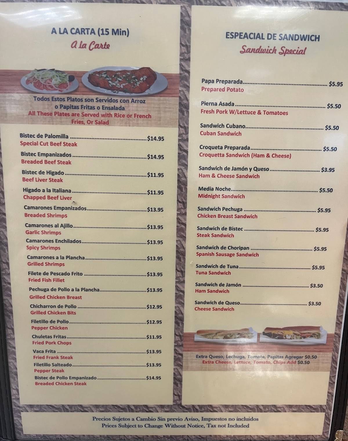 Menu at Gilberto's Cafeteria, North Bergen