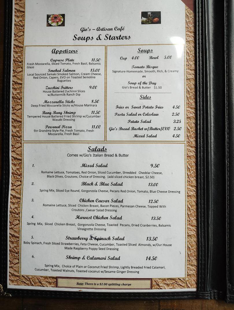 Menu at Gio's Gelato cafe, Port Jervis, 31 Pike St