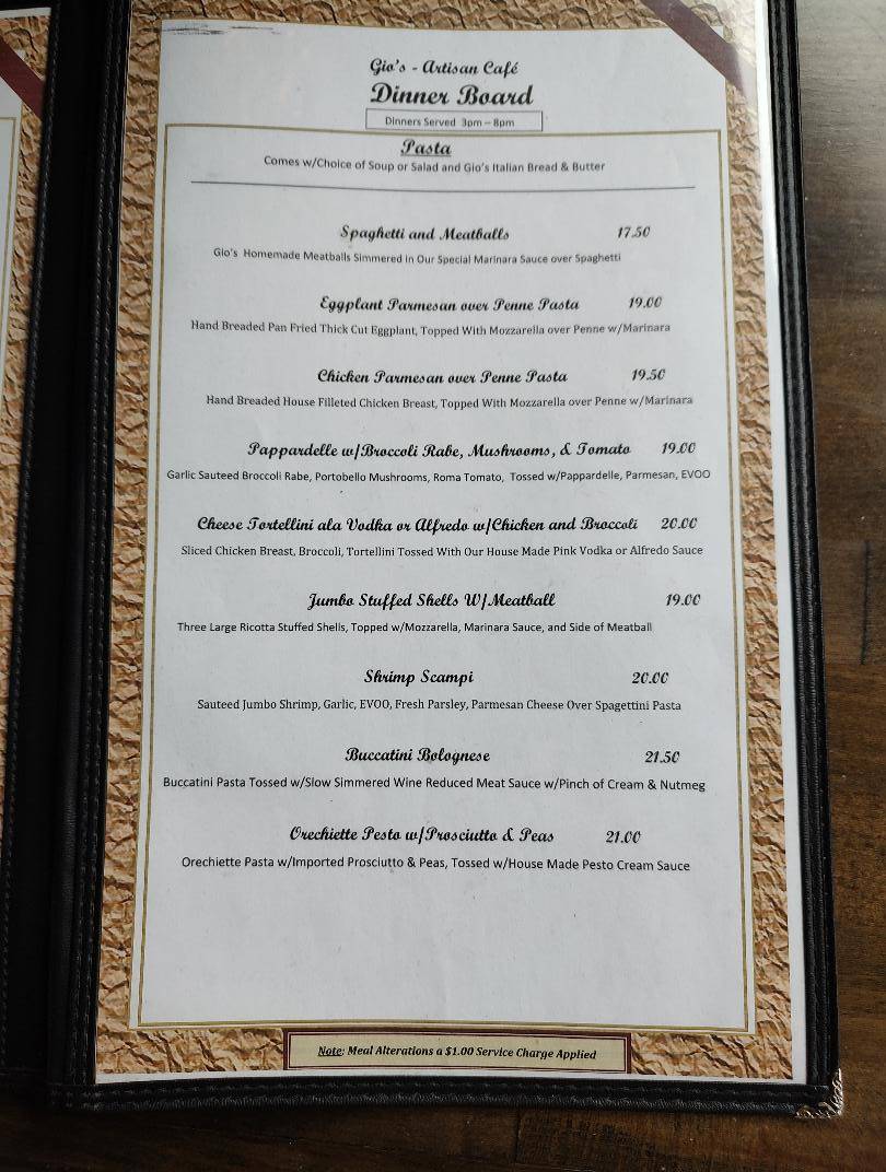 Menu at Gio's Gelato cafe, Port Jervis, 31 Pike St