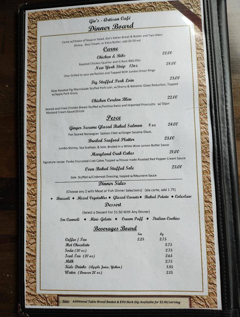 Menu at Gio's Gelato cafe, Port Jervis, 31 Pike St