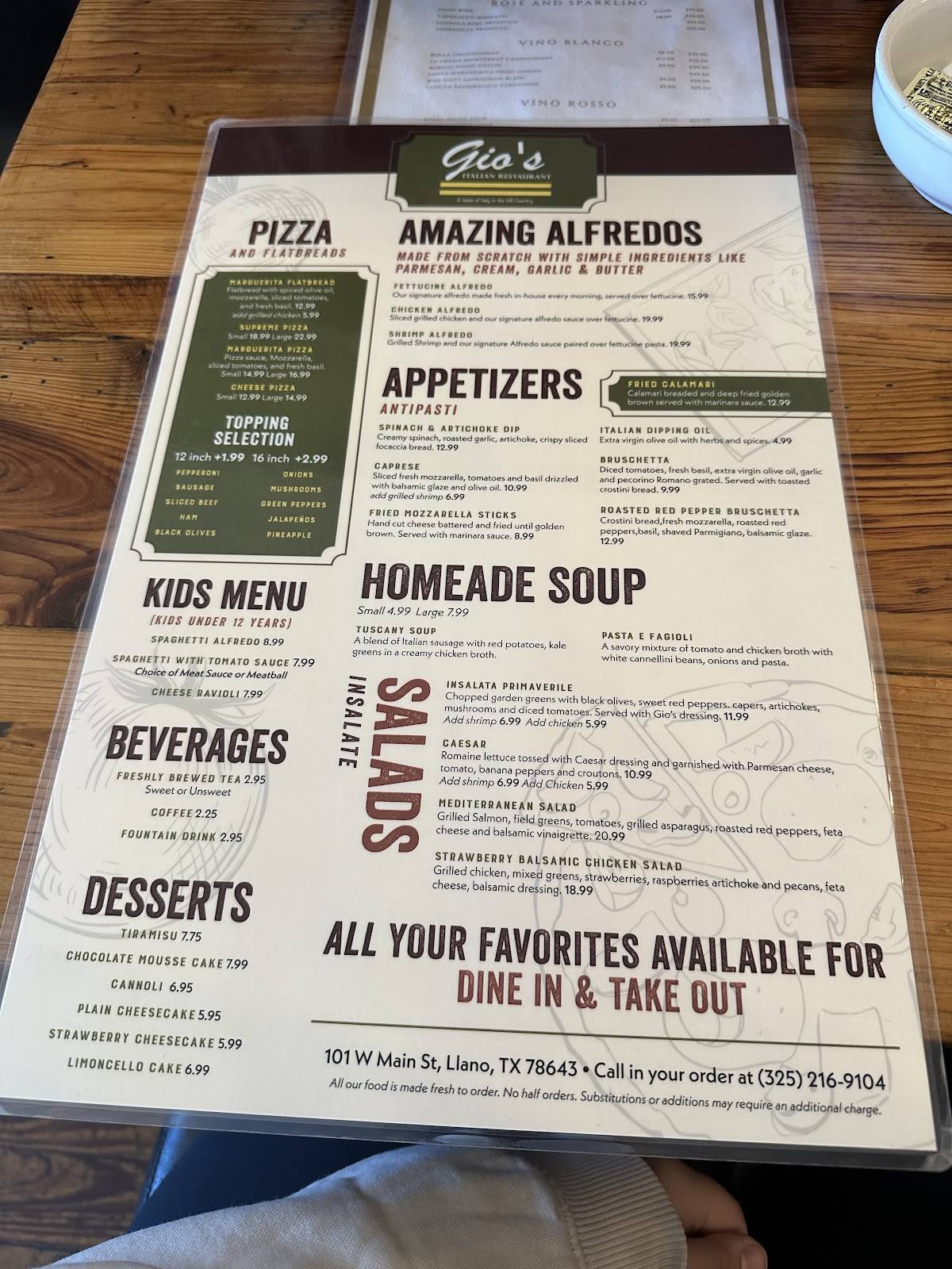 Menu at Gio's Italian Restaurant, Llano