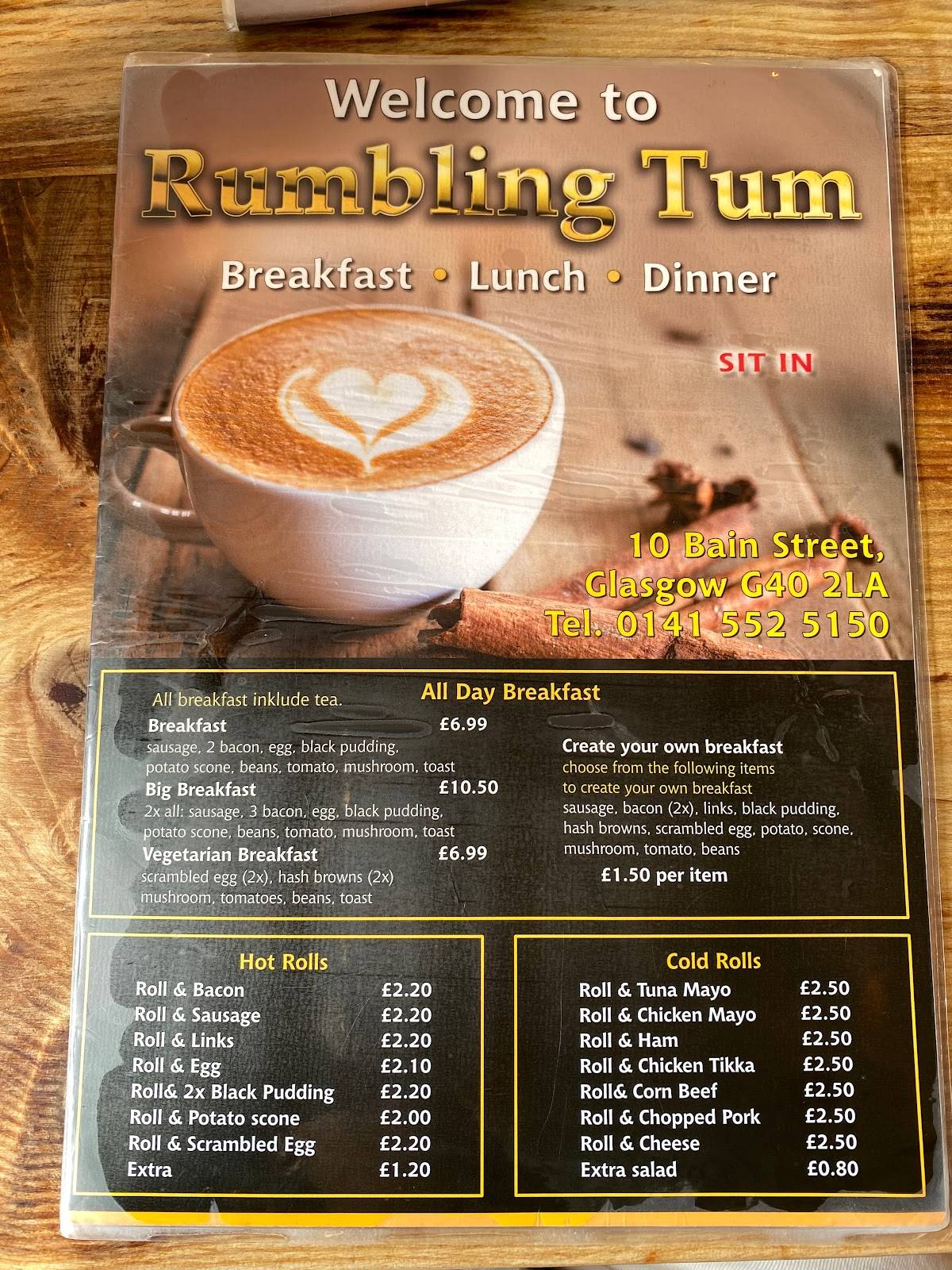 Menu at Rumbling Tum cafe, Glasgow