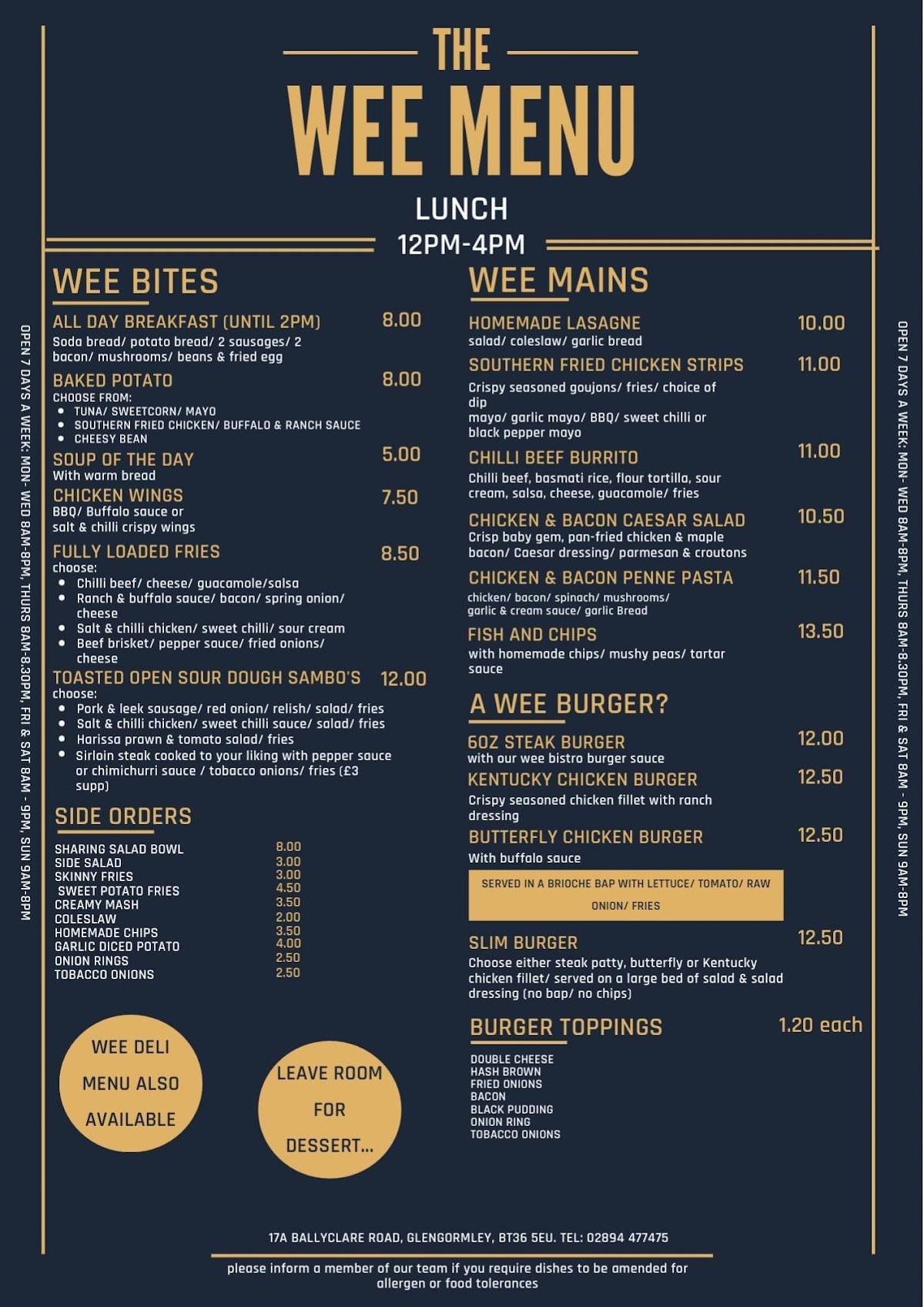Menu at The Wee Bistro restaurant, Glengormley