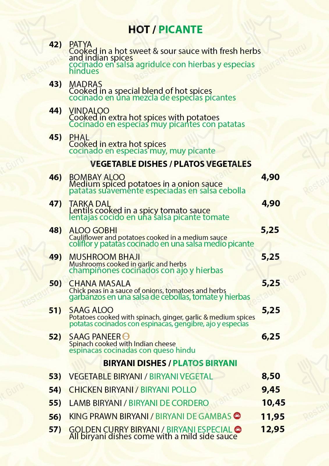 Menu at Golden Curry restaurant, San Miguel de Salinas