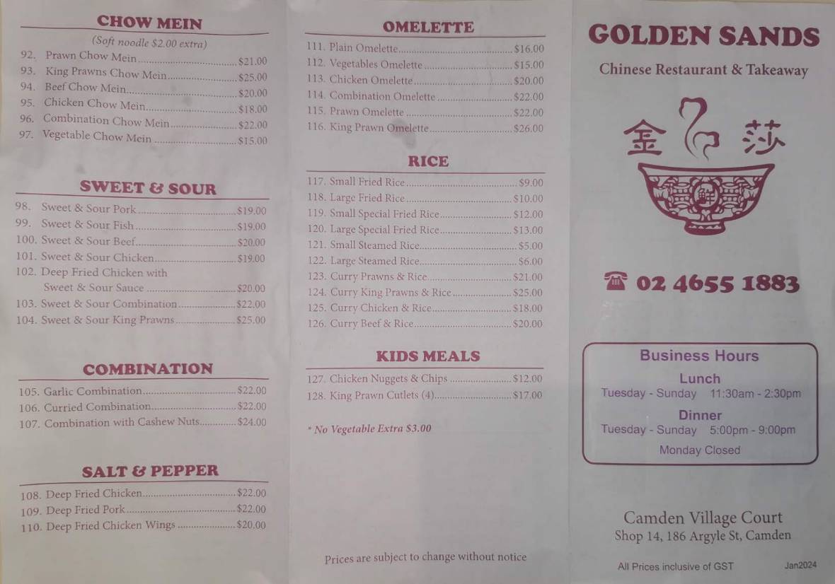 Menu at Golden Sands Chinese Restaurant & Take Away, Camden