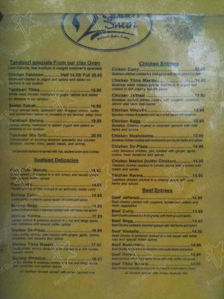 Menu at Golden Swan Indian Cuisine restaurant, Falmouth
