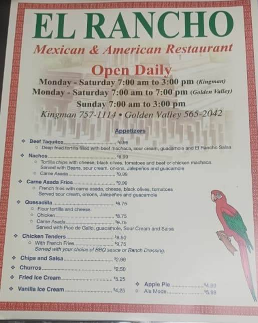 Menu at El Rancho Restaurant, Golden Valley