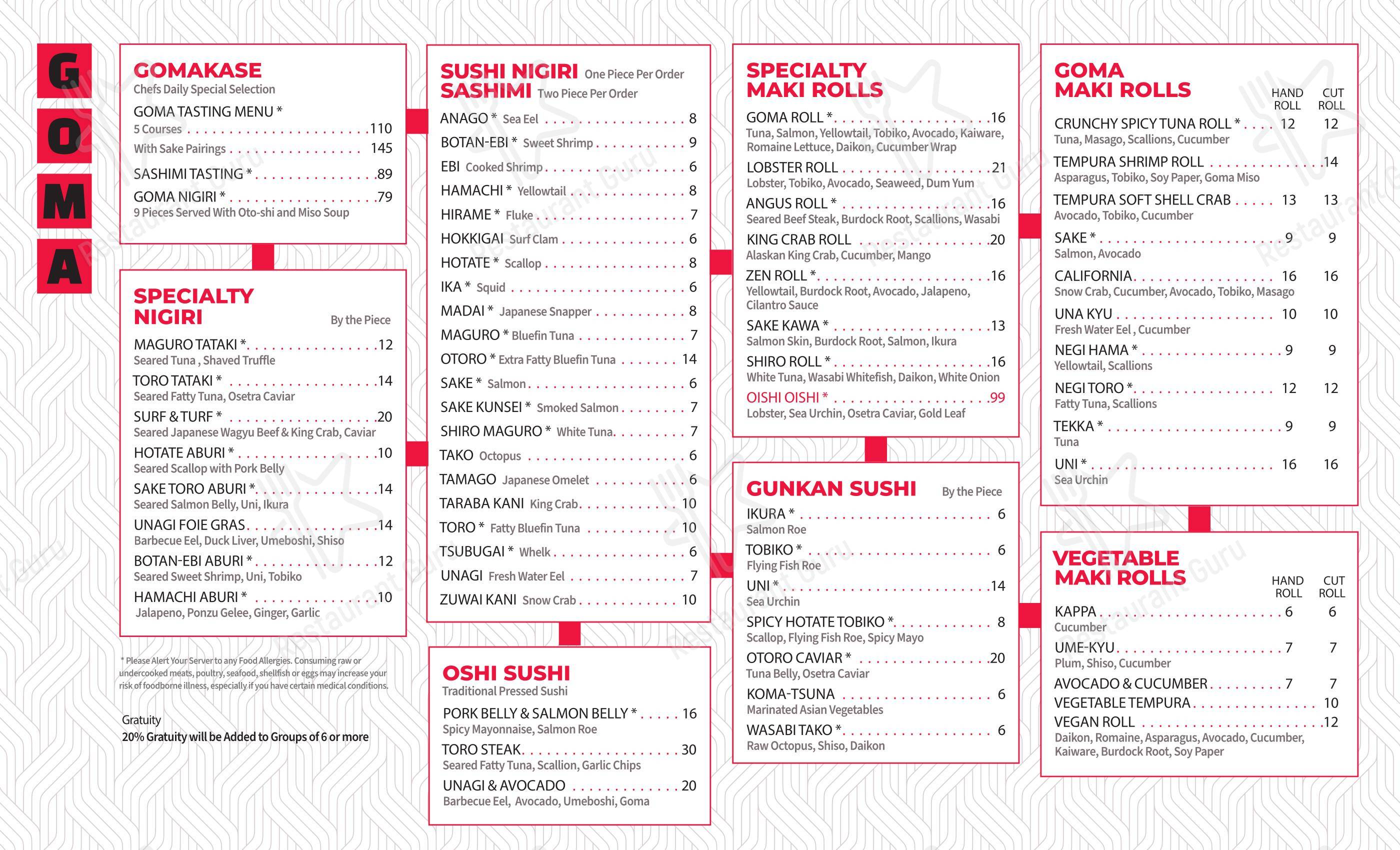 Menu at Goma restaurant, Cleveland