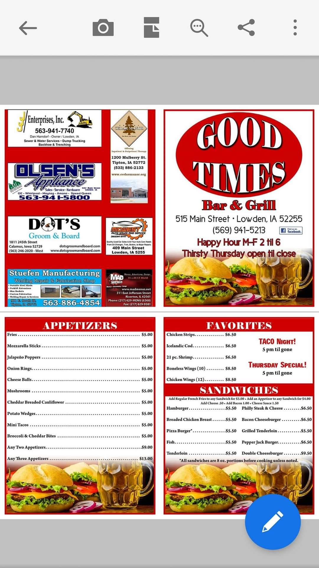 Menu at Good Times Bar & Grill, Lowden