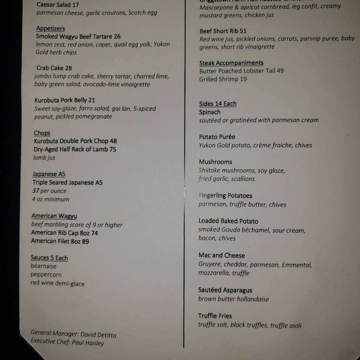 Menu at Gordon Ramsay Steak steakhouse, Atlantic City