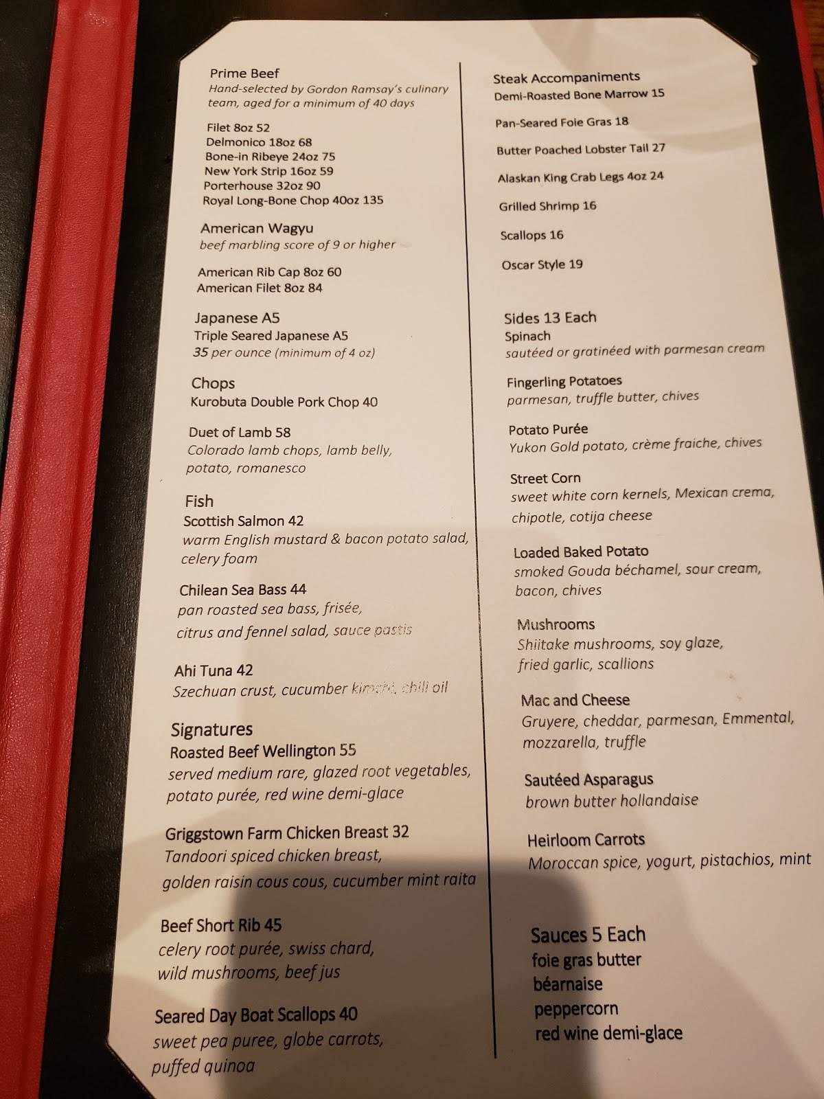 Menu at Gordon Ramsay Steak steakhouse, Atlantic City