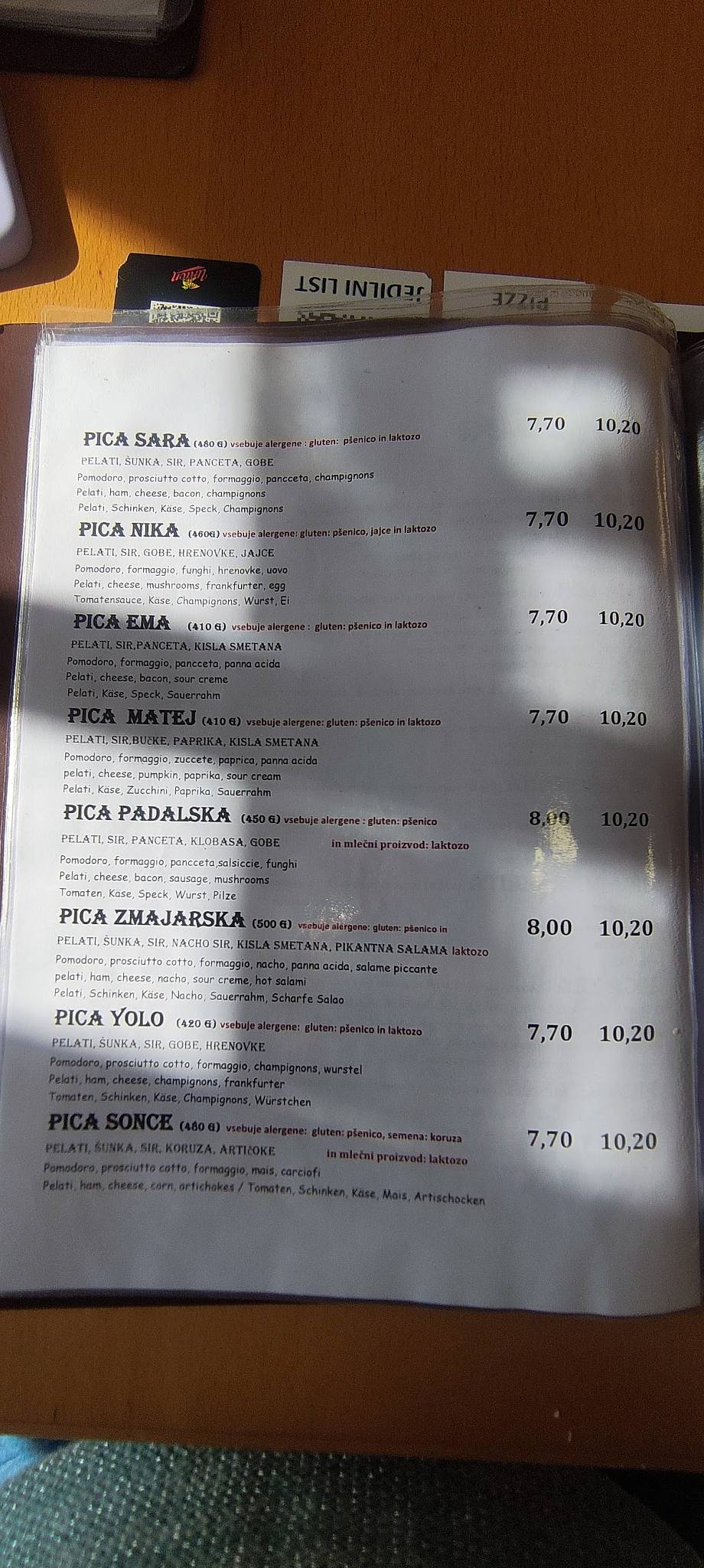 Menu au Gostilna picerija Anja restaurant, Vipava