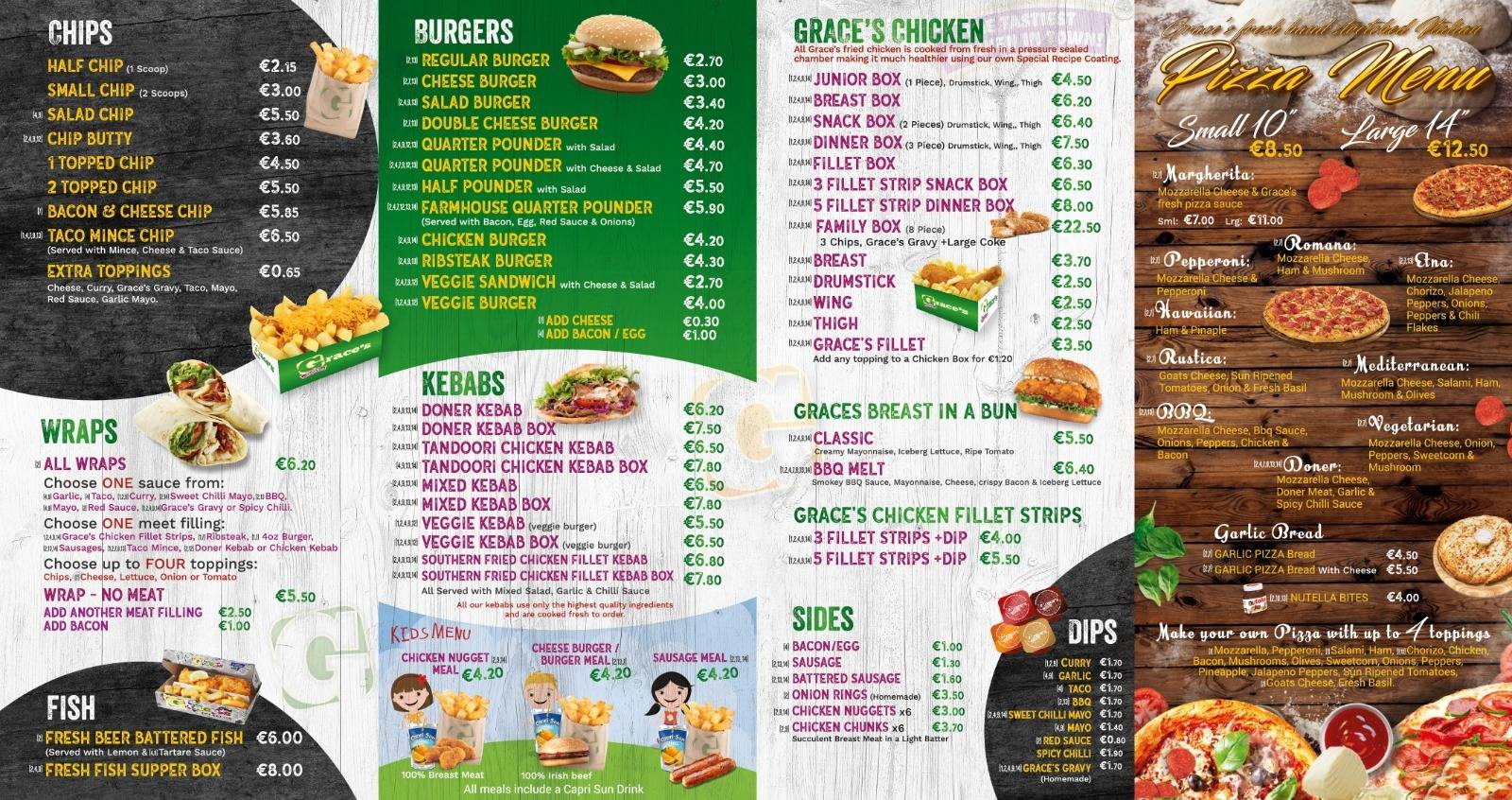 Menu at Graces take-away piltown fast food, Piltown