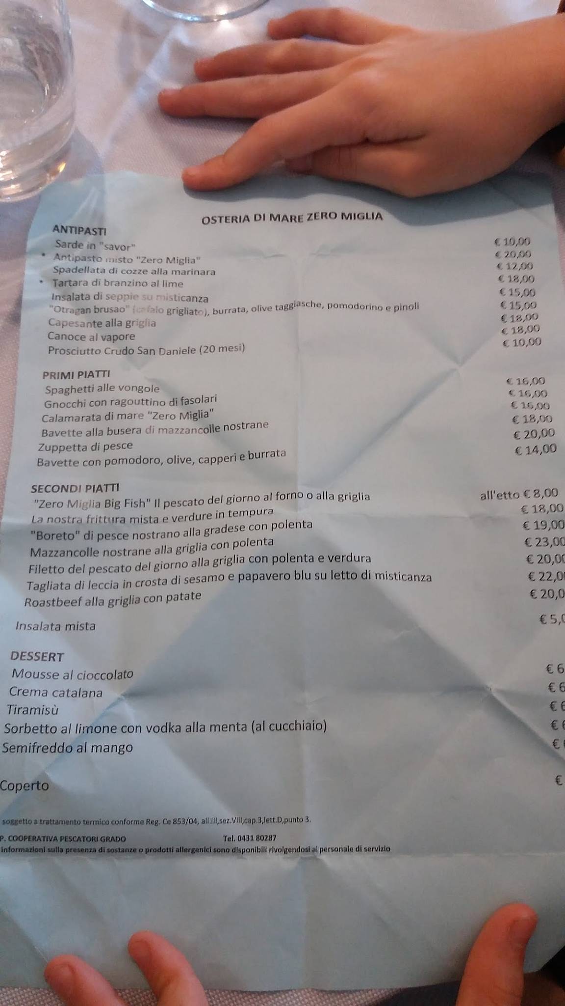 Speisekarte von Zero Miglia restaurant, Grado