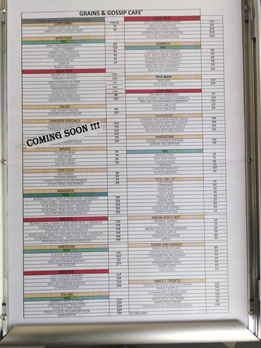 Menu at Grains and Gossip cafe' /Restaurant, Harohalli
