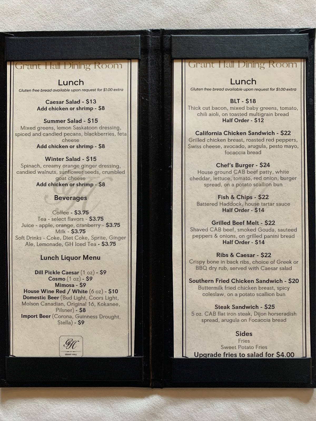 Menu at Grant Hall Dining Room & Lounge restaurant, Moose Jaw