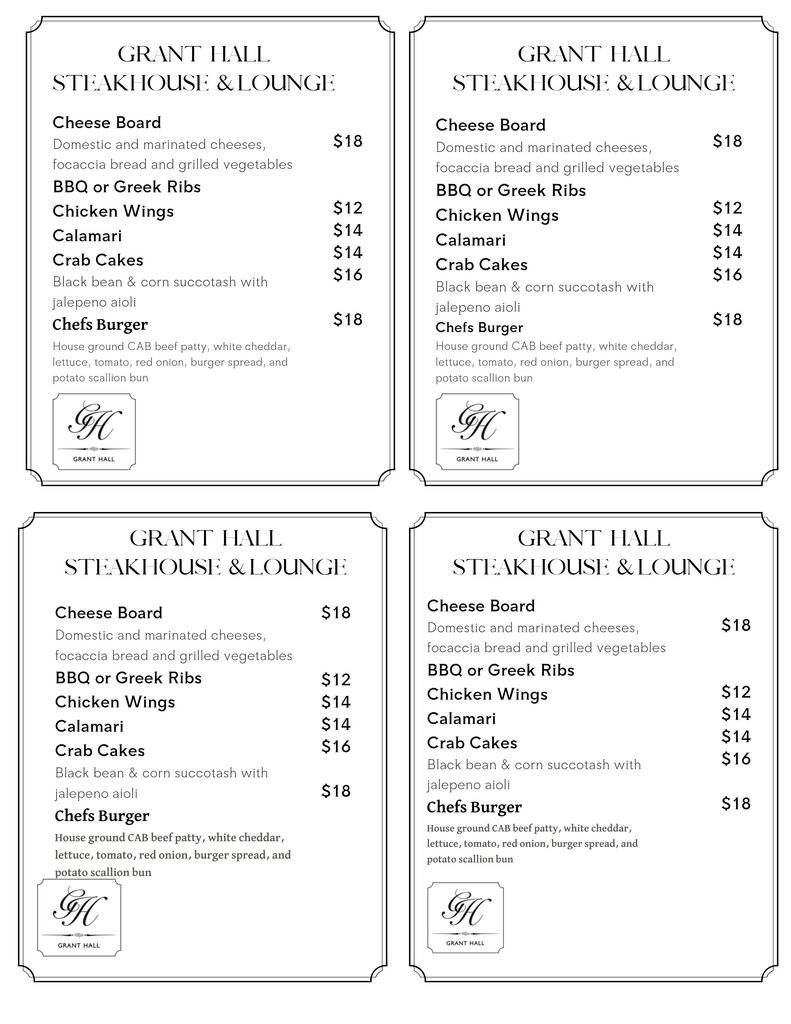 Menu at Grant Hall Dining Room & Lounge restaurant, Moose Jaw