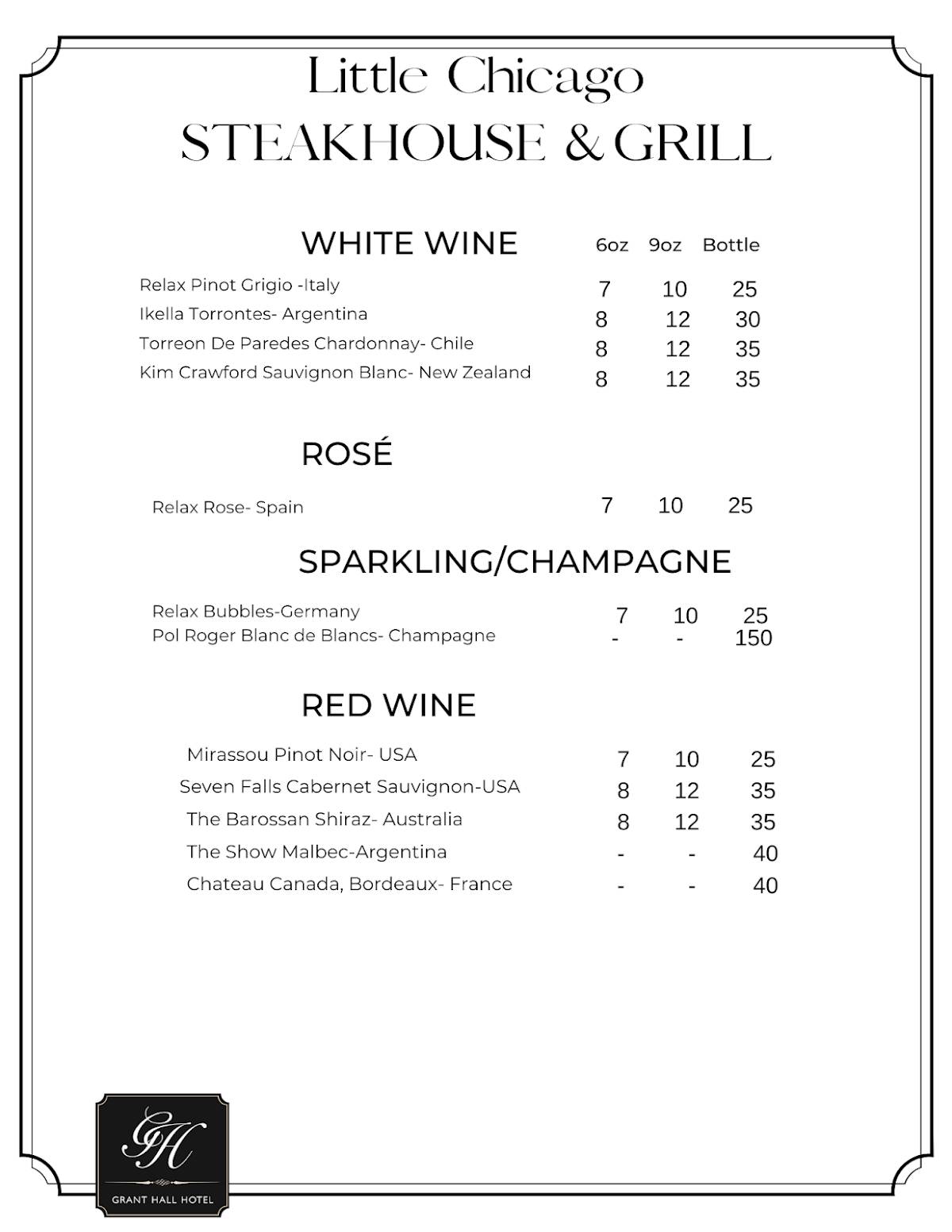 Menu at Grant Hall Dining Room & Lounge restaurant, Moose Jaw