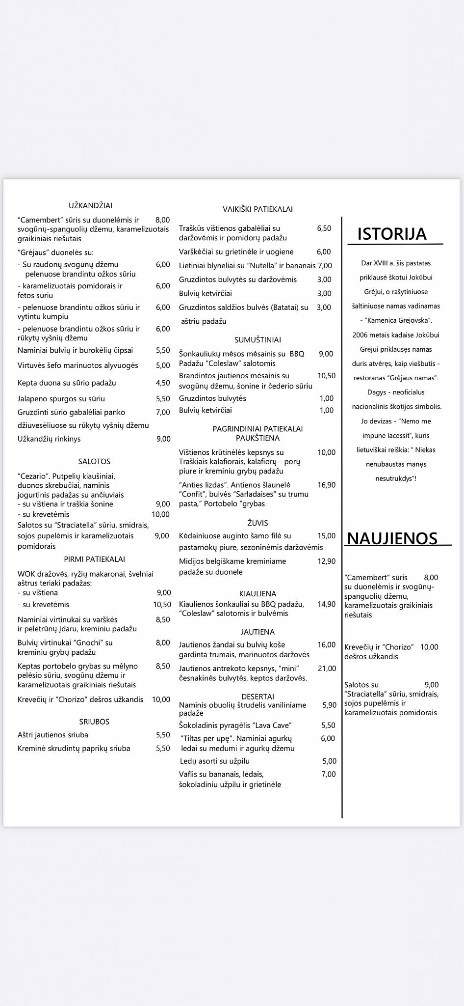 Menu at Gray's house restaurant, Kėdainiai
