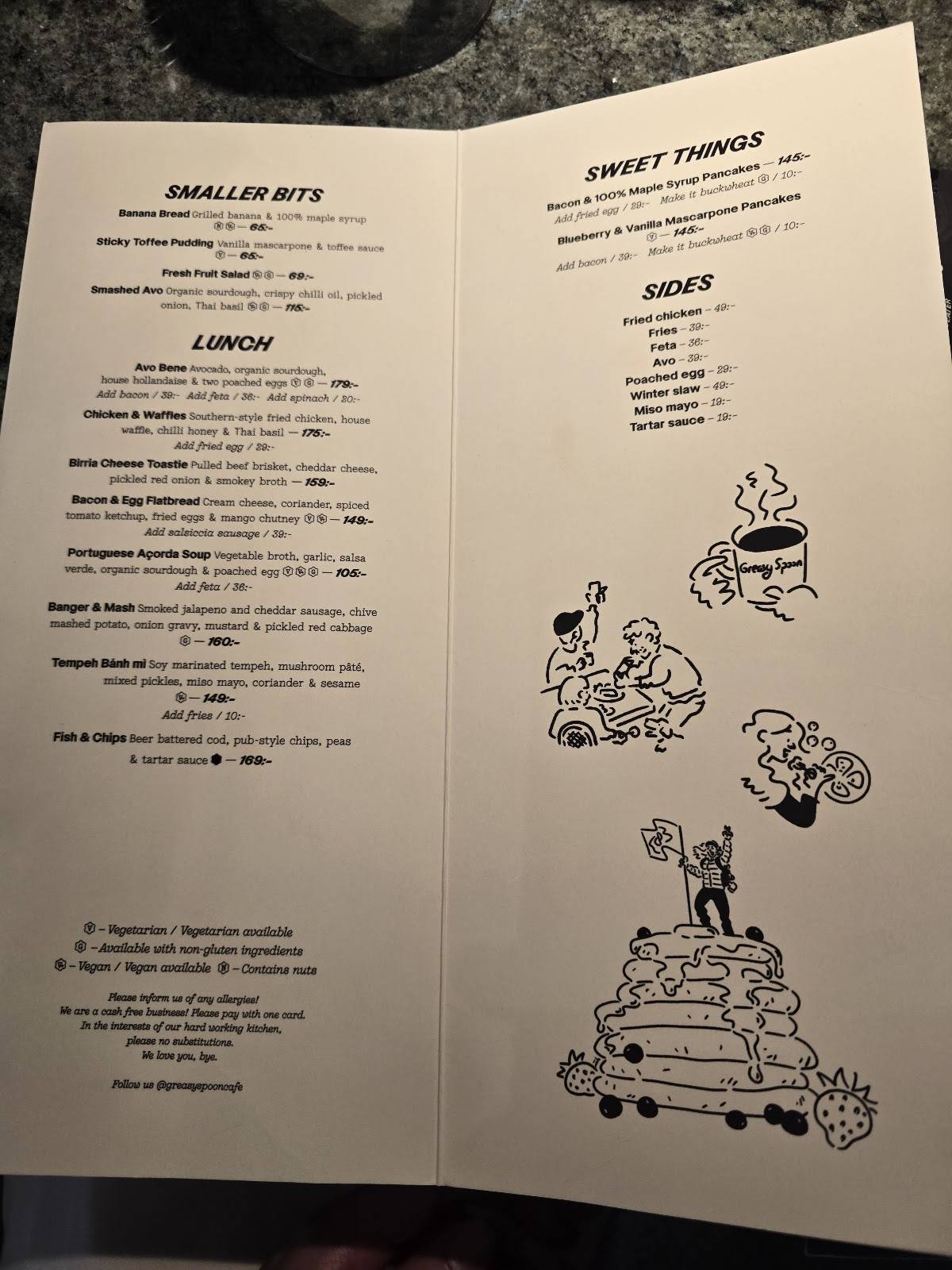 Menu at Greasy Spoon restaurant, Stockholm, @ Playhouse Teater