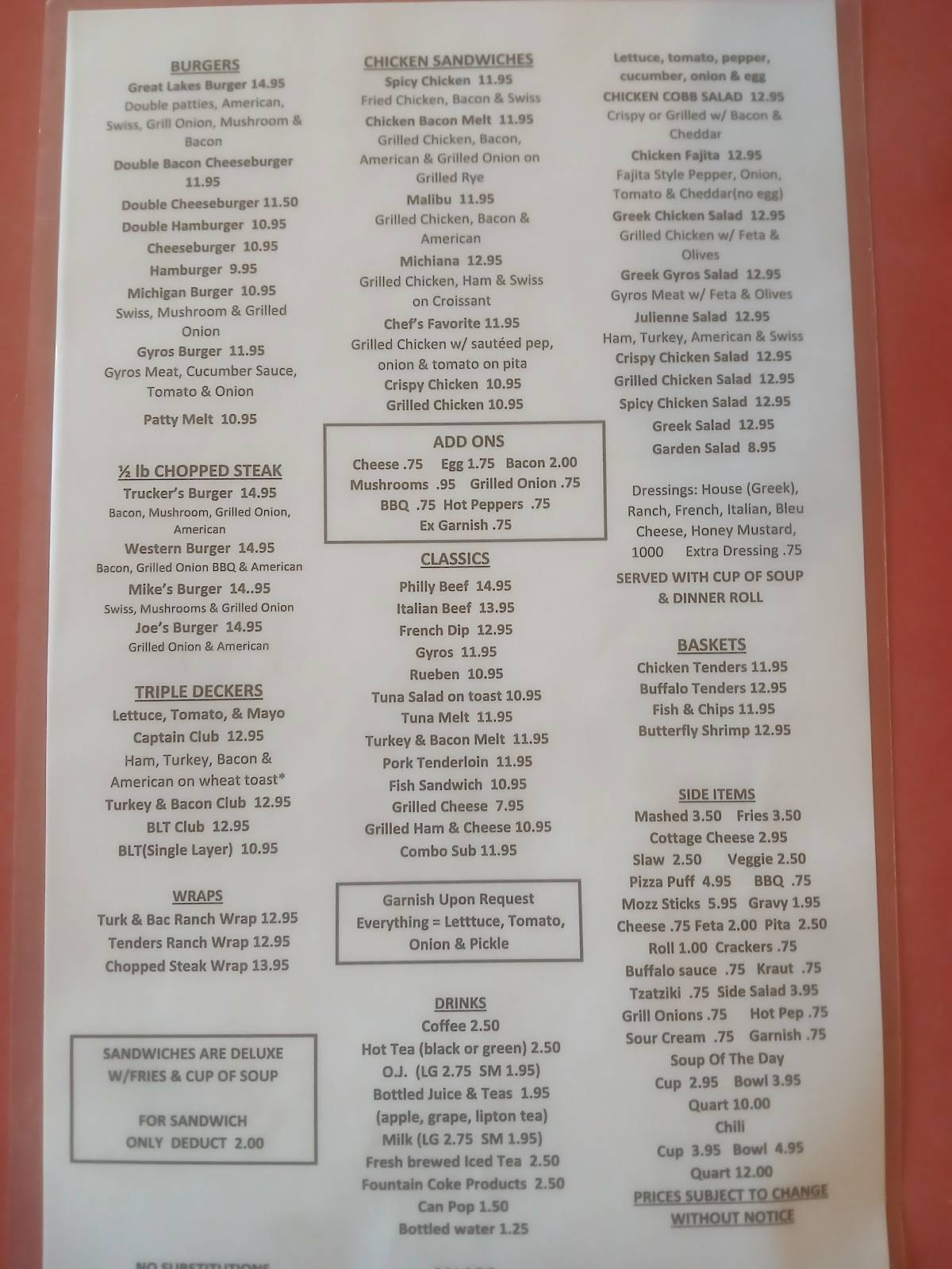 Menu at Great Lakes Cafe, Gary
