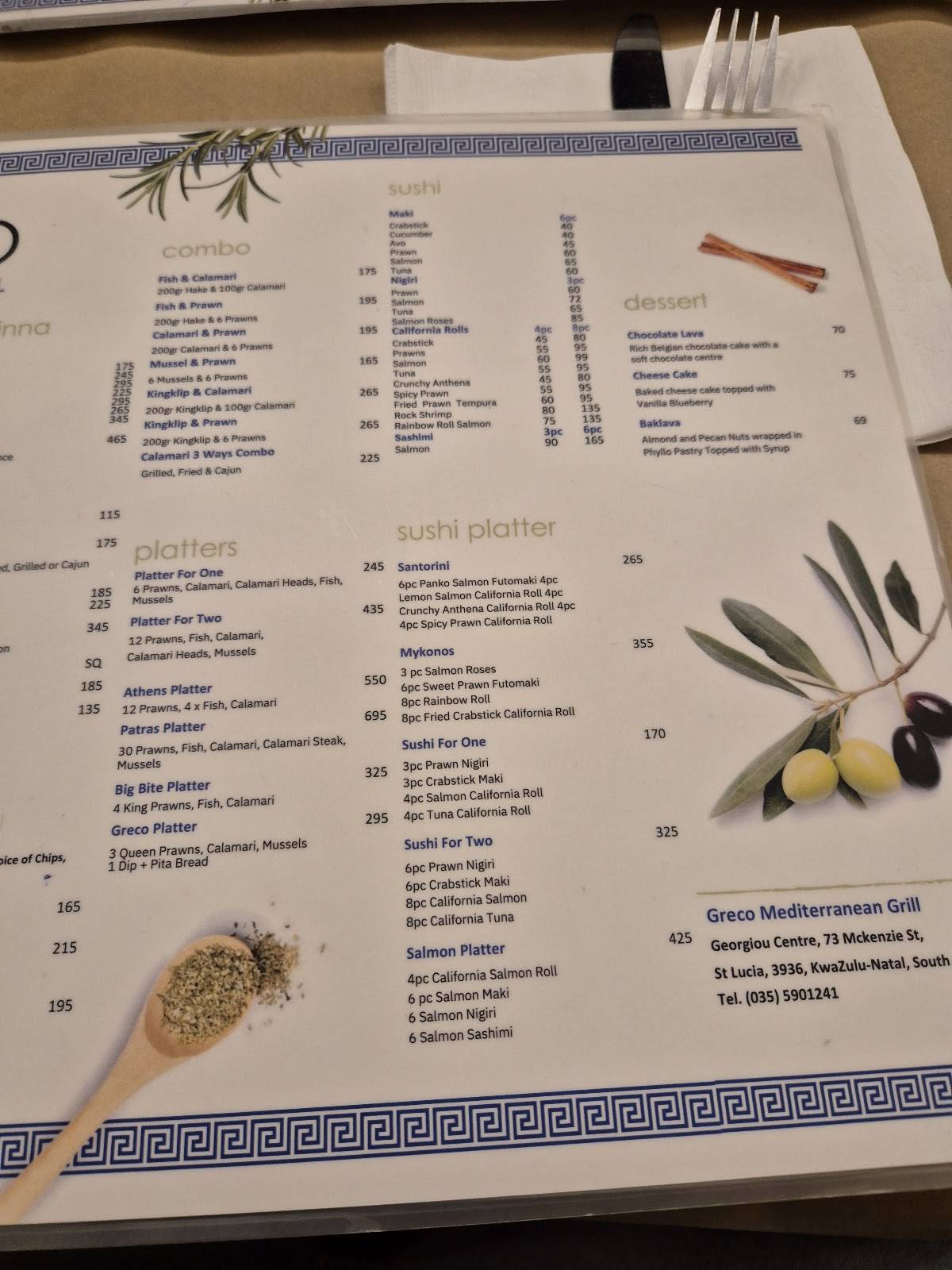 Menu at Greco restaurant, Saint Lucia