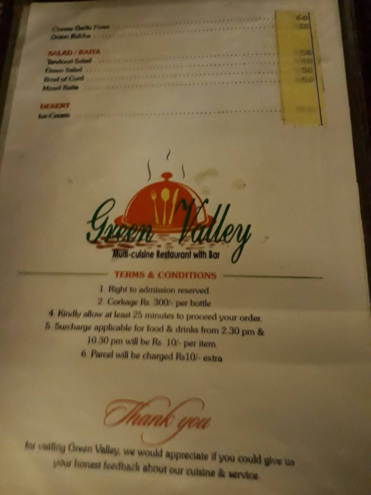 Menu at Green Valley Restaurant, Dona Paula