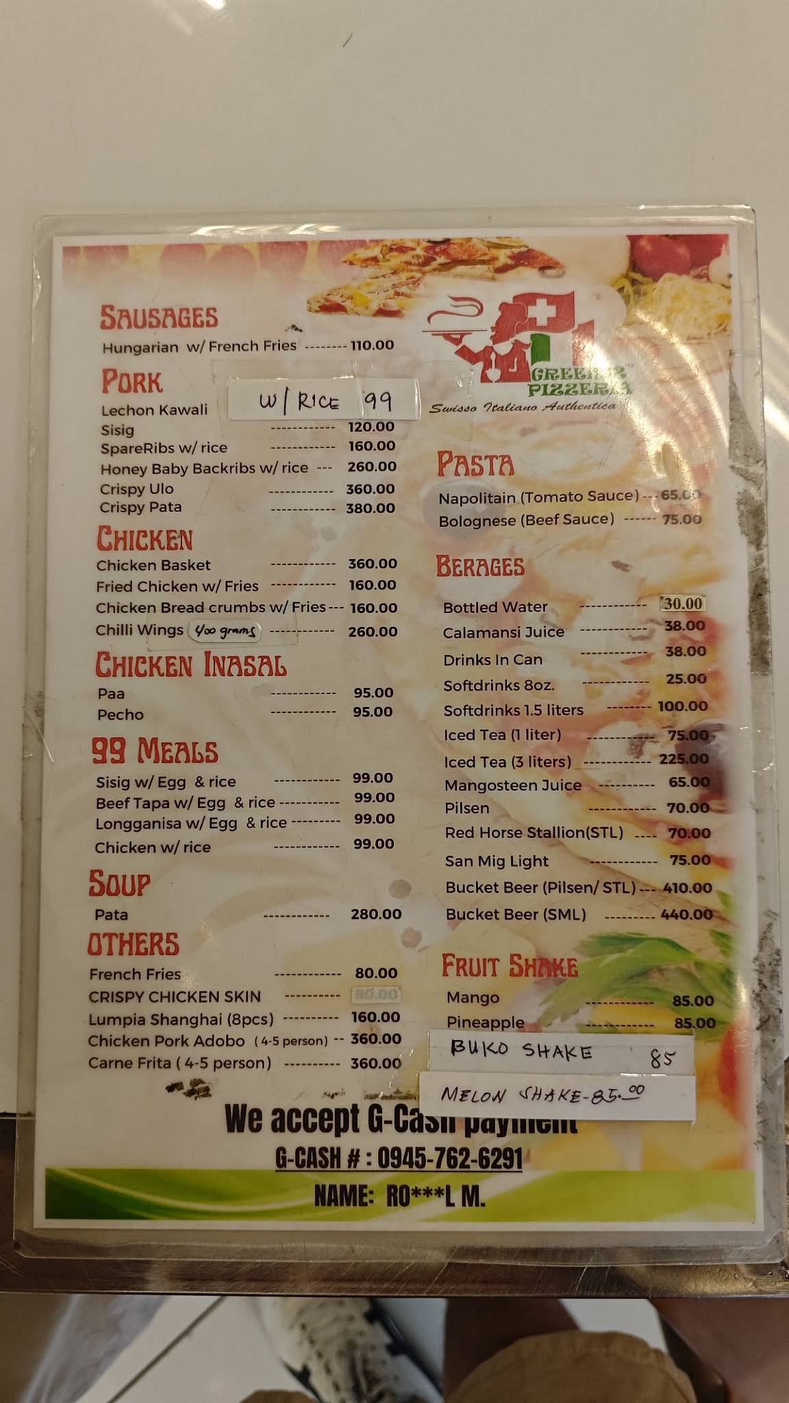 Menu at Greenoz Pizzeria & Restorante, Bacolod, MX78+PRQ