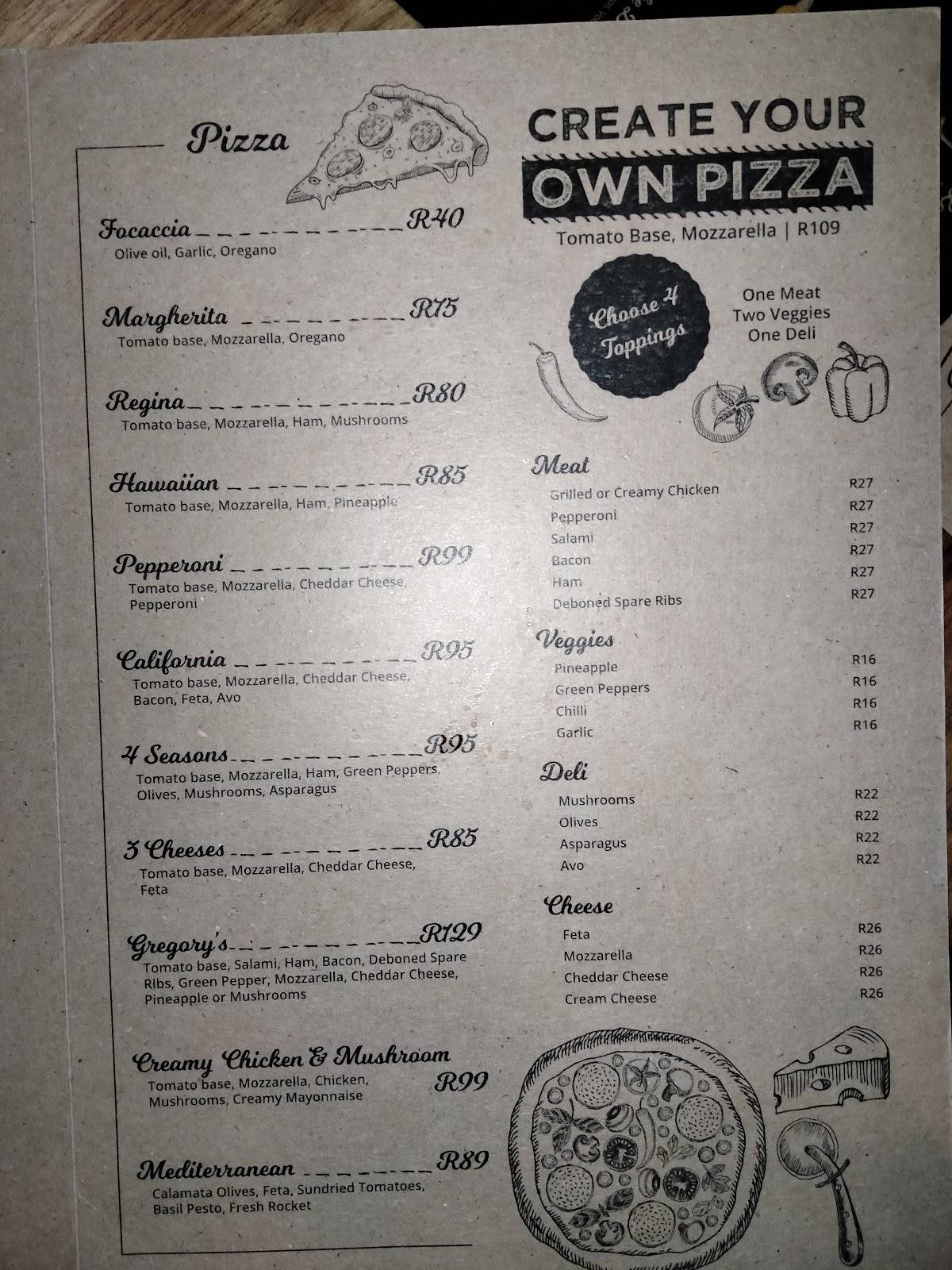 Menu at Gregorys Pub and Grill, Bloemfontein