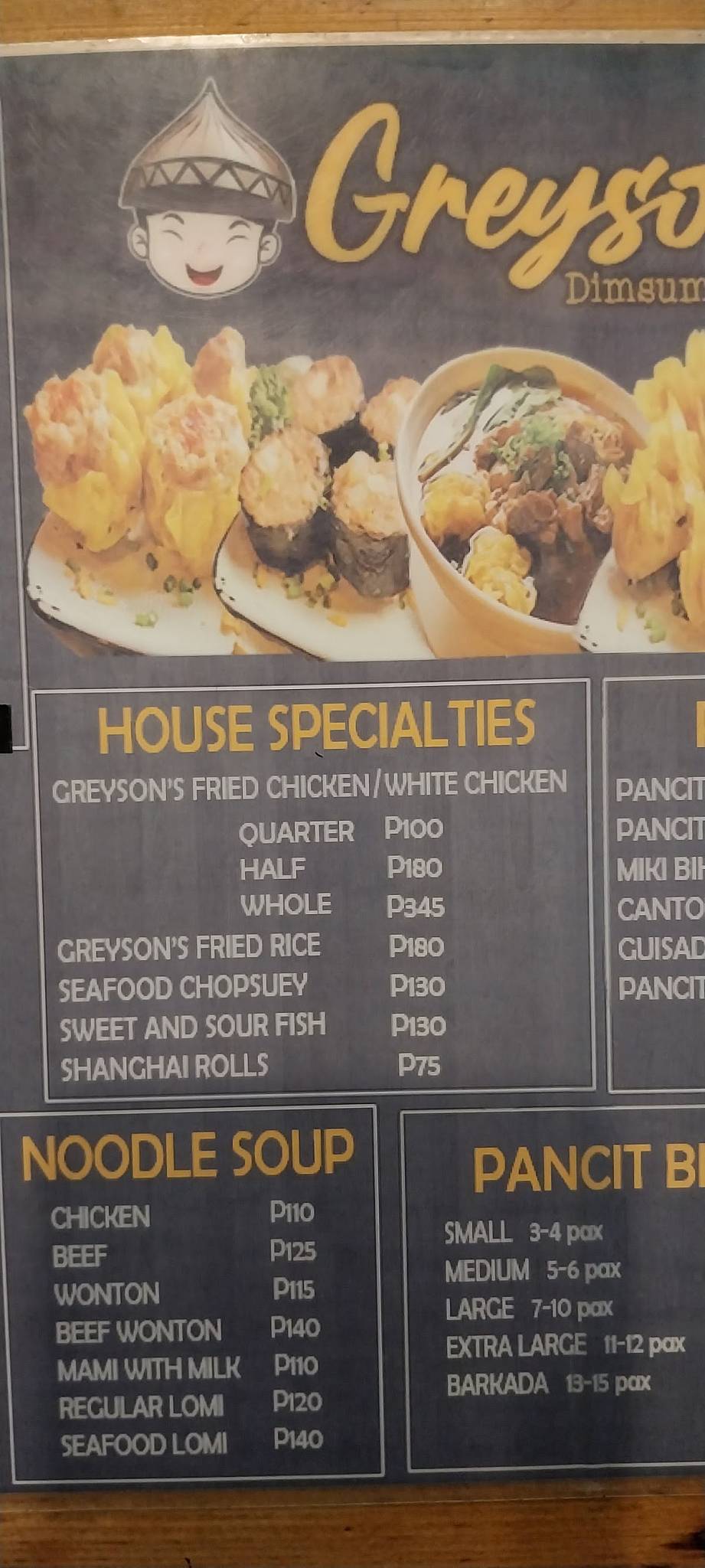 Menu at Greyson's Dimsum & Noodle House restaurant, Quezon City