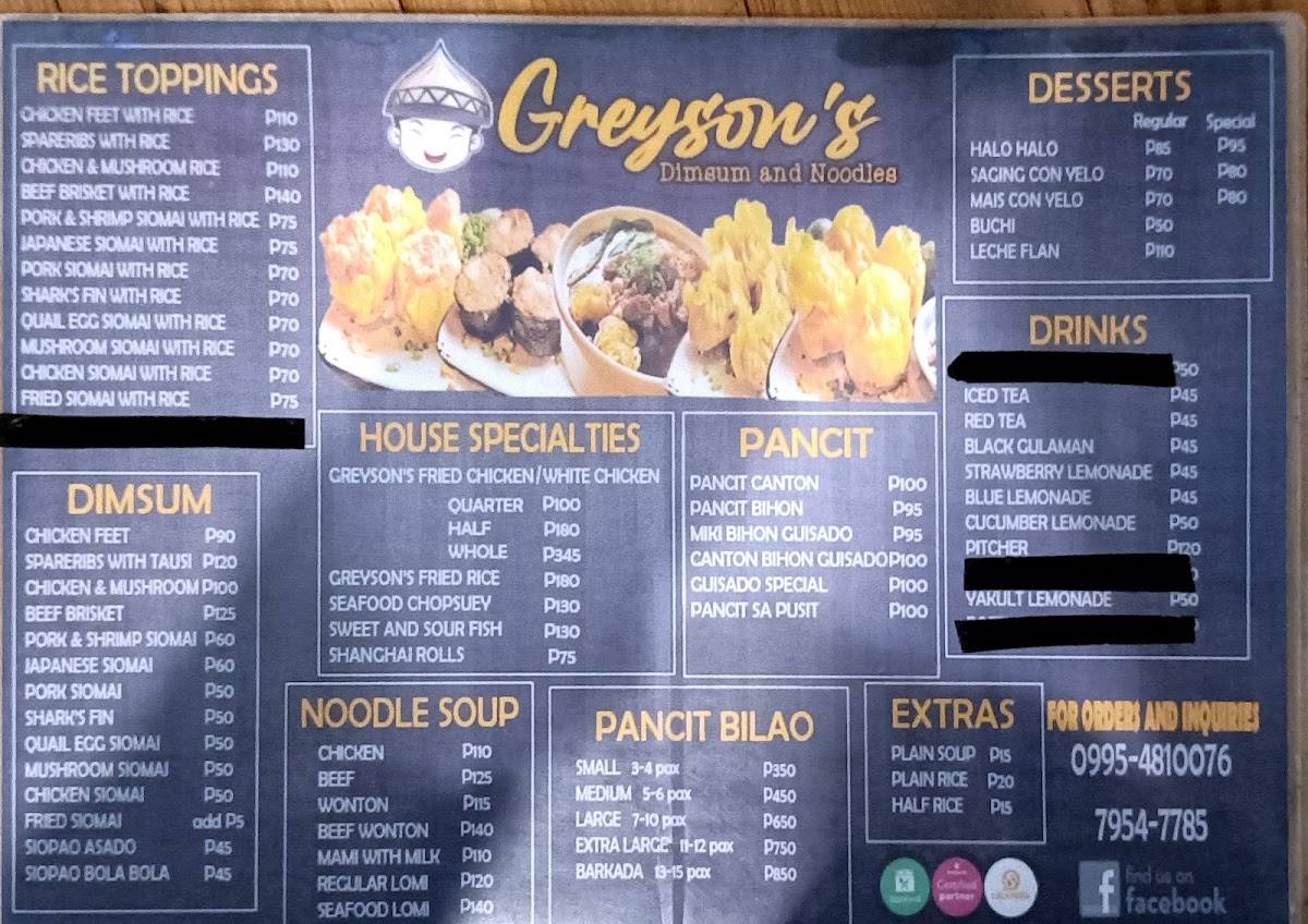Menu at Greyson's Dimsum & Noodle House restaurant, Quezon City
