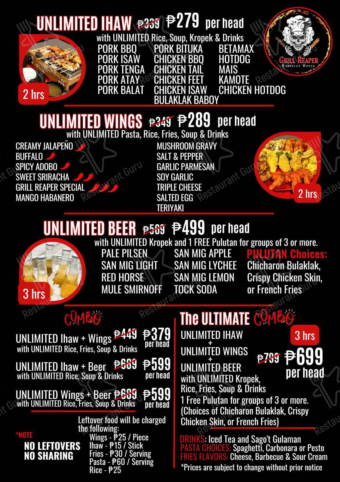 Menu at Grill Reaper Barbecue House - Unlimited Pinoy BBQ & Wings, Antipolo